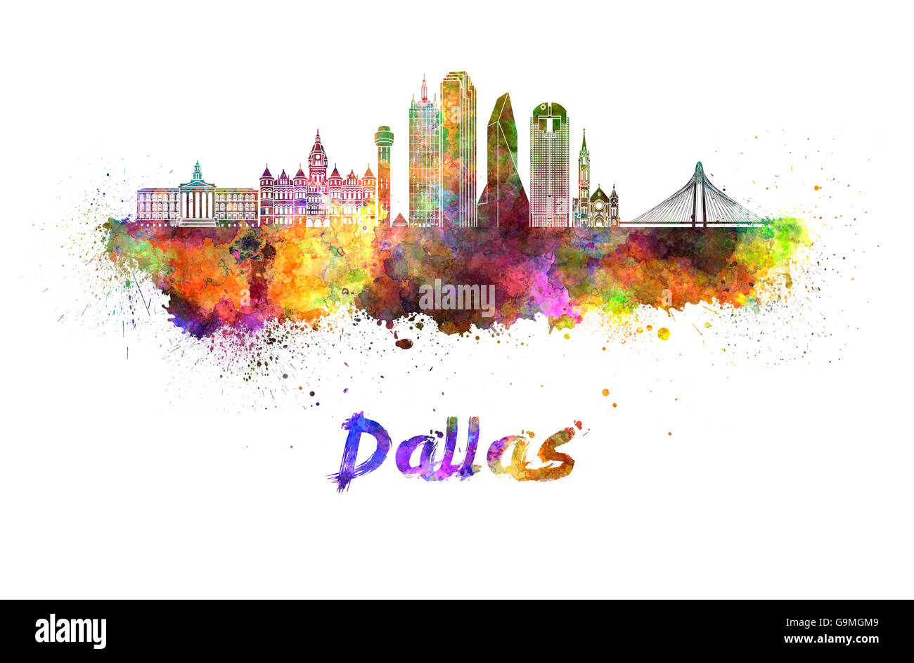 Dallas skyline in watercolor splatters with clipping path Stock Photo ...