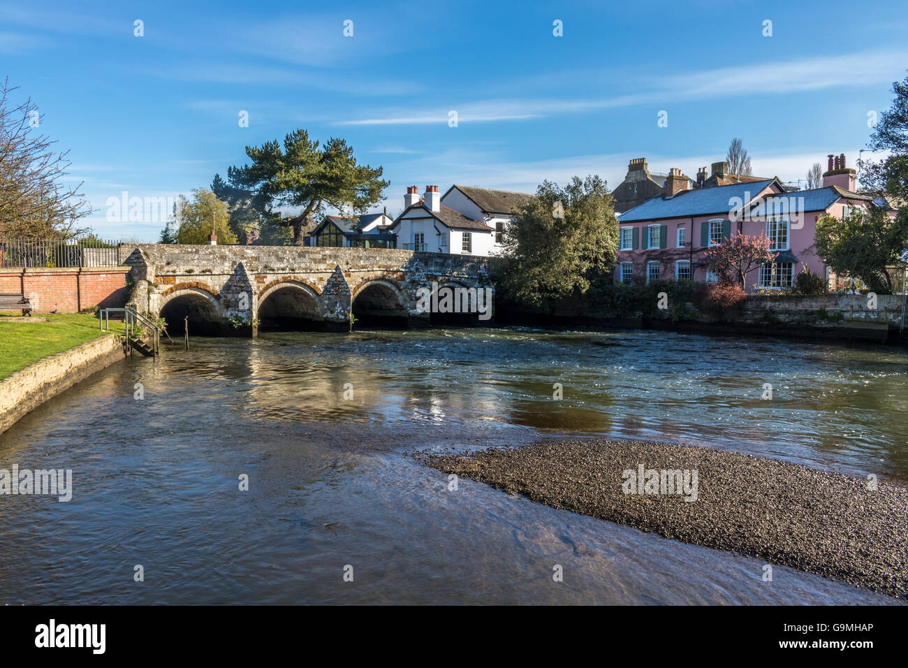England Dorset Christchurch Bridge over the river Avon at Bridge pool ...