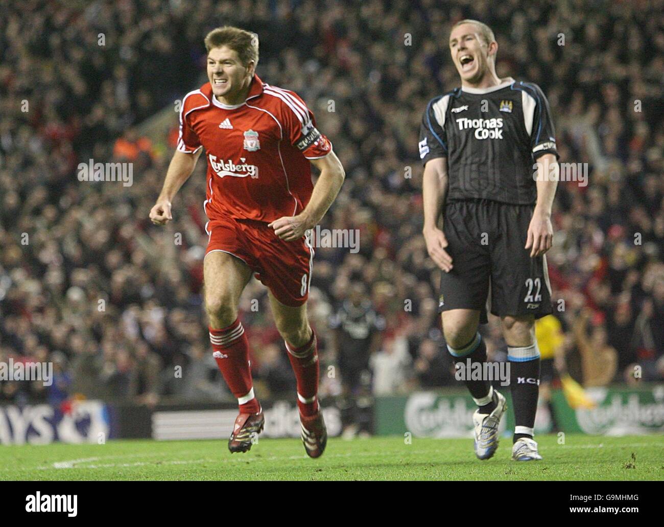 Liverpool's goalscorer Steven Gerrard celebrates his goal as Manchester ...