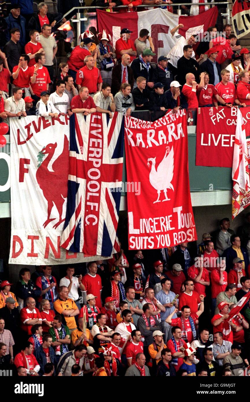 The liverpool fans support team banners hanging stand hi-res stock ...