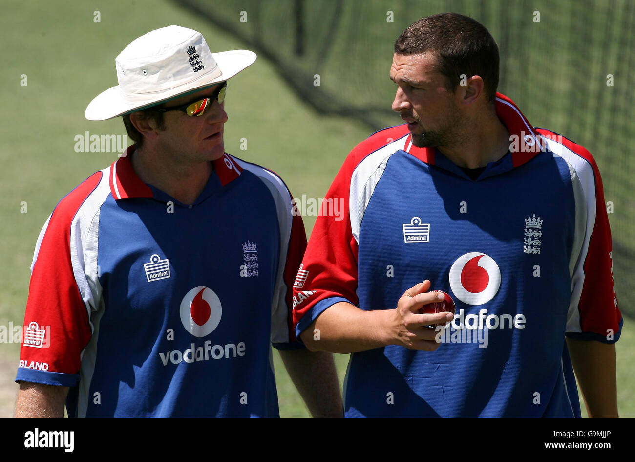 England's Steve Harmison (right) talks to bowling coach Kevin Shine ...