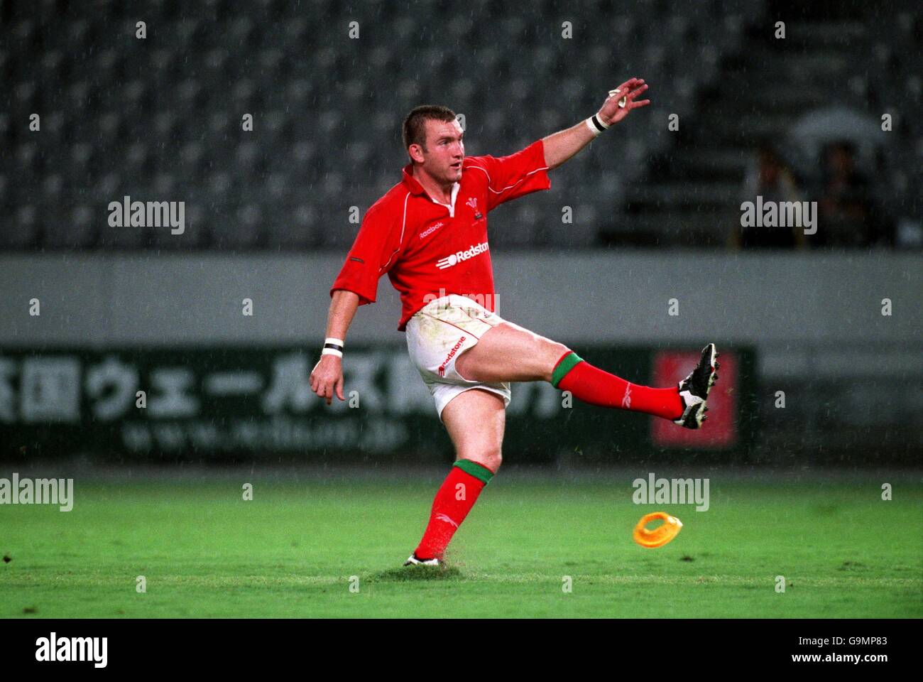 Lee Jarvis of Wales kicks a conversion during the 36-16 loss to Pacific ...