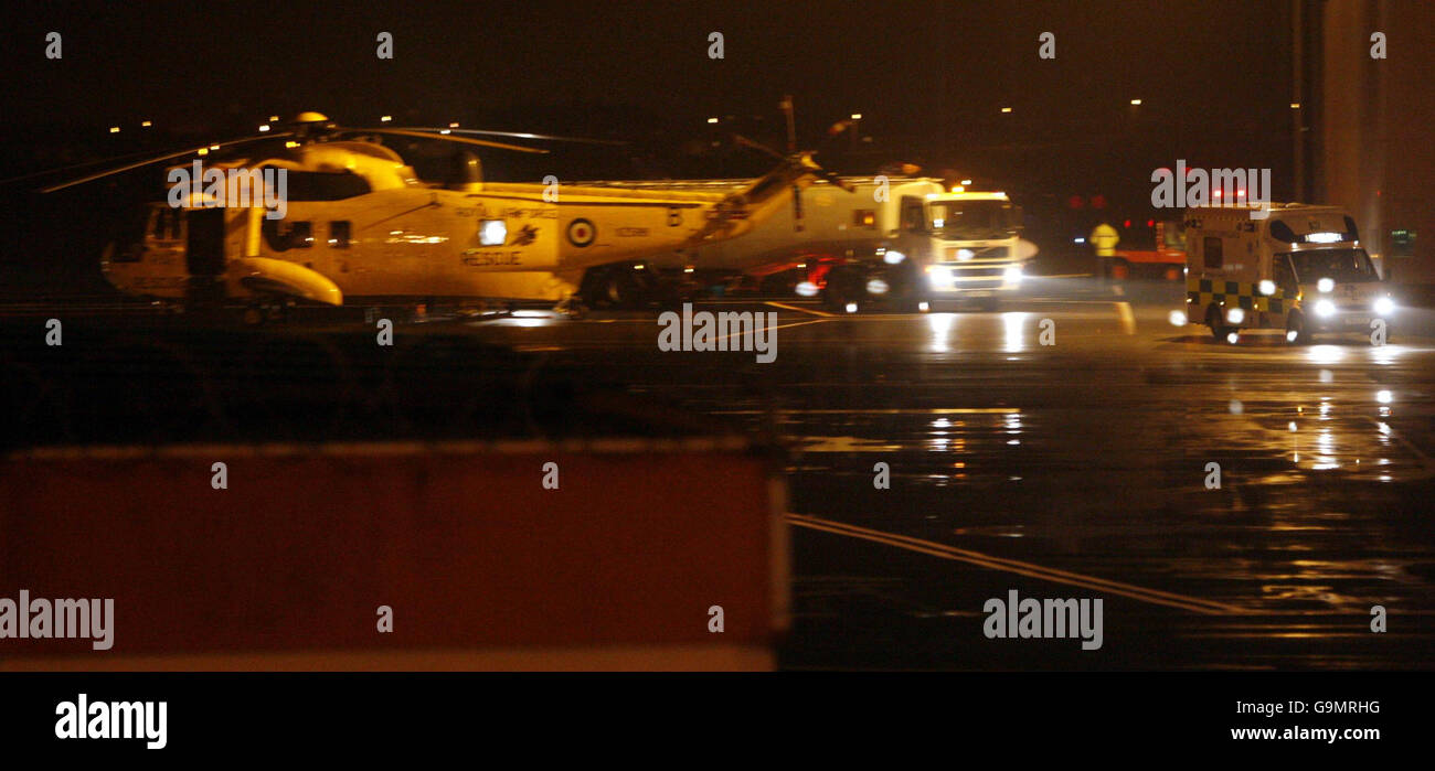 An ambulance and RAF Search and Rescue helicopter at the offshore air ...