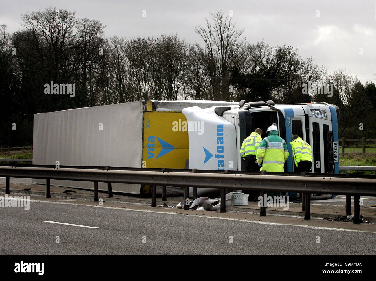 An overturned lorry is seen on the northbound M5 near Strensham ...