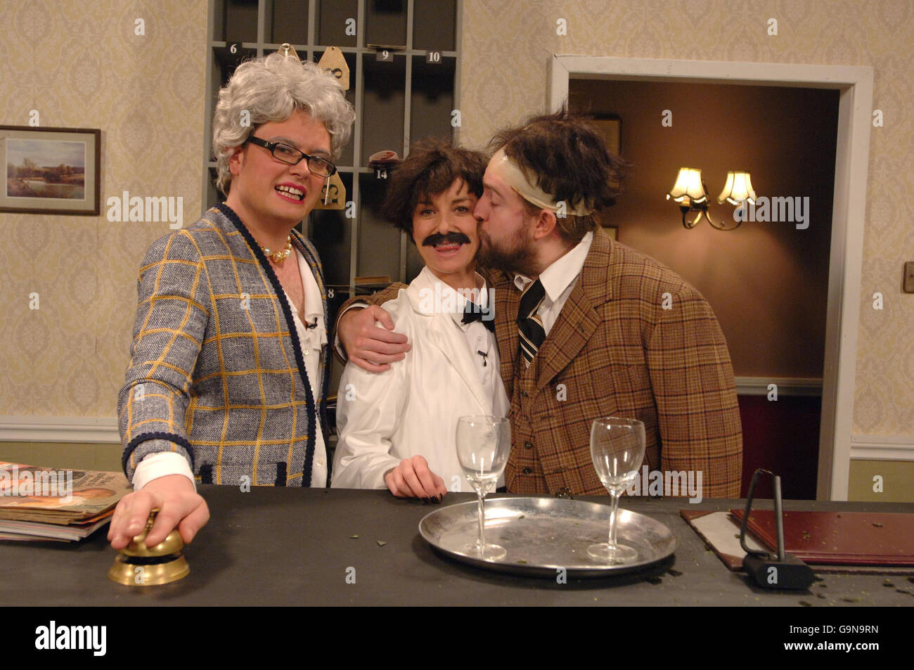 (Left-right) Alan Carr (playing Sybil), Tamzin Outhwaite (Manuel) and ...