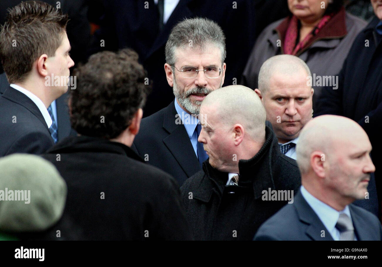 Sinn Fein President Gerry Adams leaves the funeral of Progressive ...