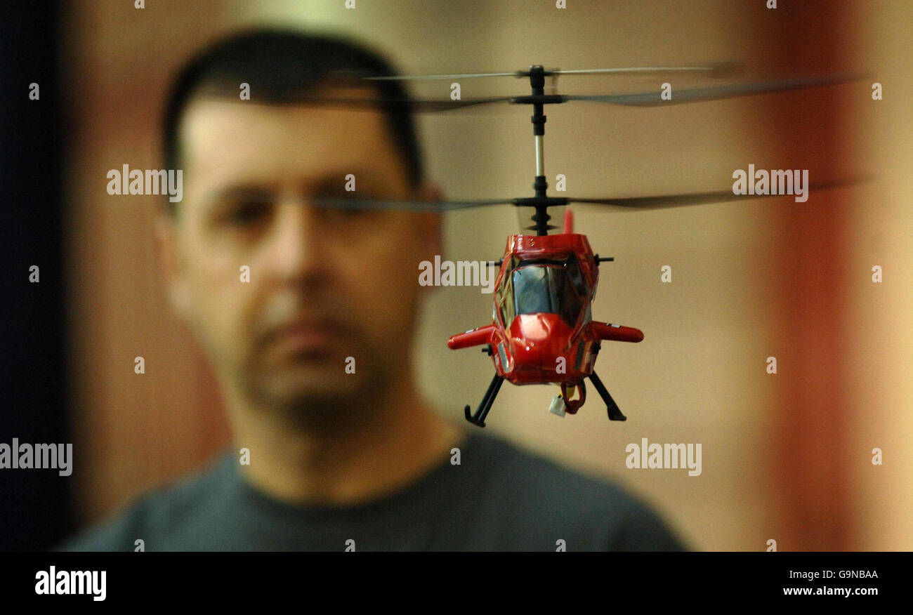 A flying model helicopter at the London Model Engineering Exhibition ...