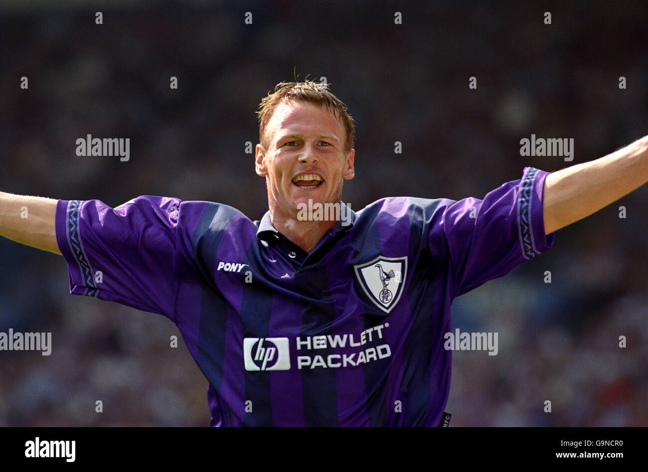 Teddy Sheringham, Tottenham Hotspur, celebrates goal against Manchester ...