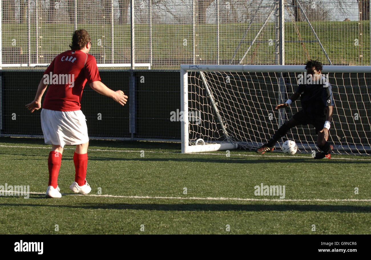 Alan Carr scores a goal during filming for the Friday Night Project at ...