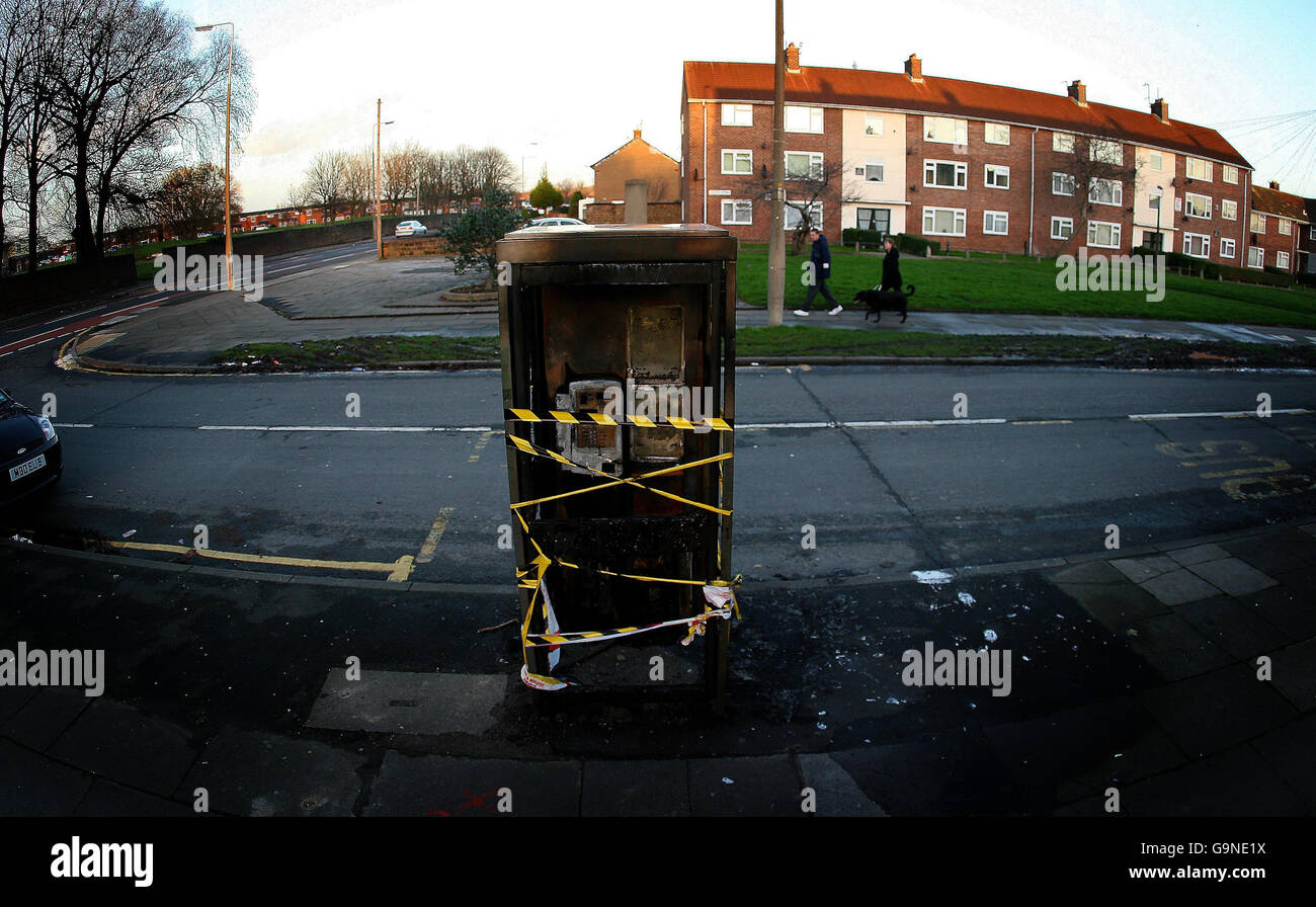 A public phone box has been vandalised in Lee Park, Liverpool Stock ...