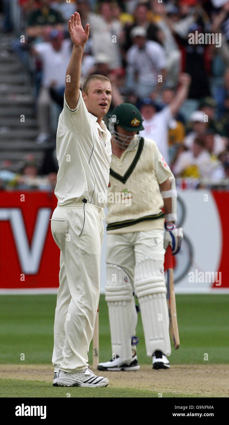 England captain Andrew Flintoff successfully appeals for the wicket of ...