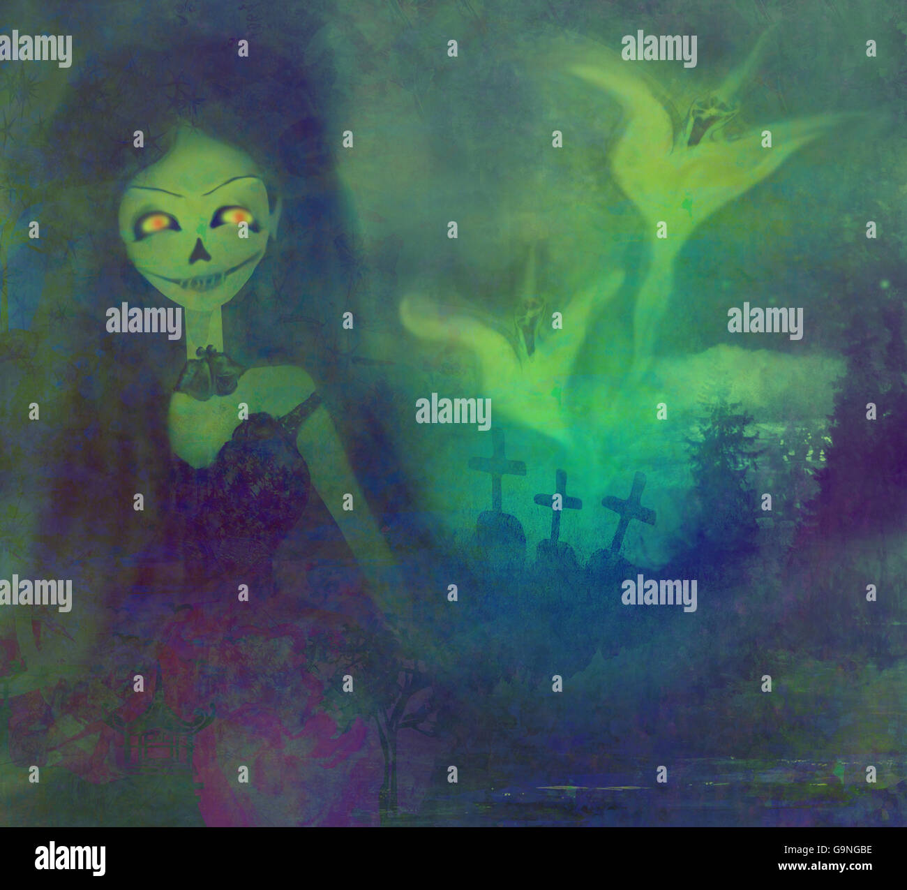 scary ghost floating on a graveyard at night Stock Photo - Alamy