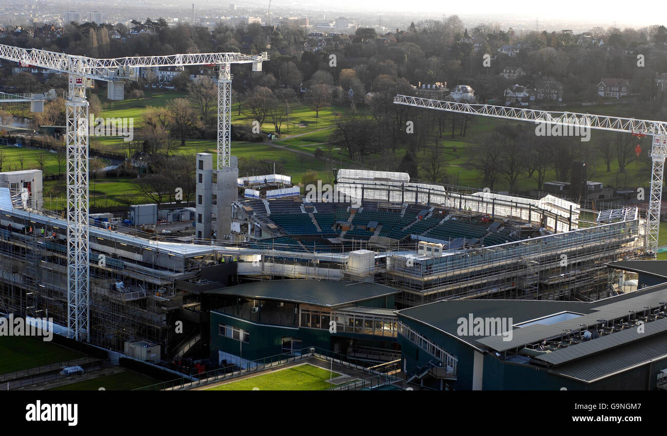 General view showing the Centre Court under construction at Wimbledon ...