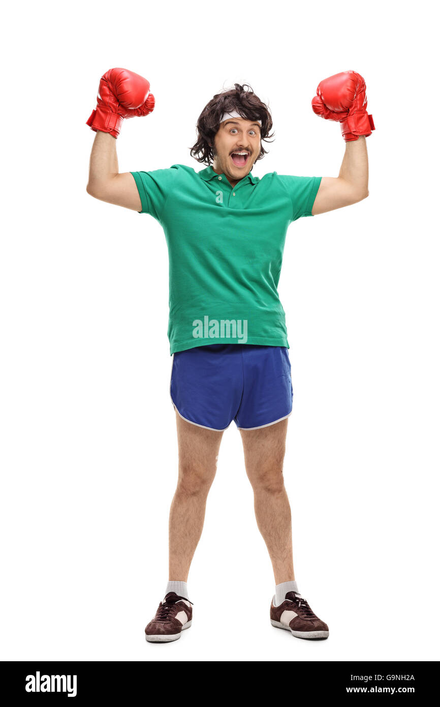 Full length portrait of a retro boxer with red boxing gloves isolated ...