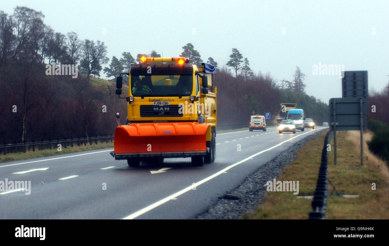 A bad weather sign on the A9 near Laggan, Scotland, as torrential rain ...