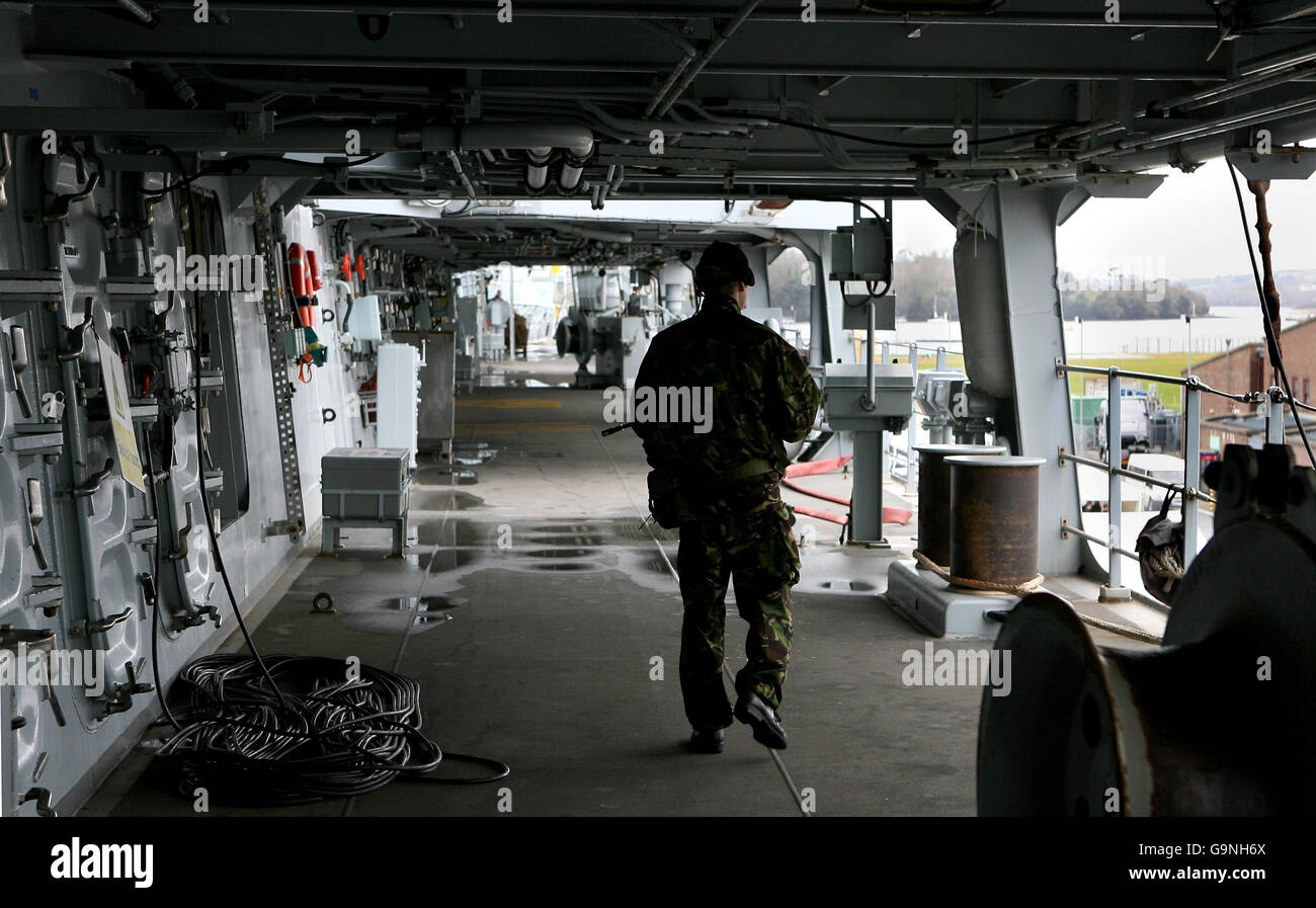 General views of HMS Albion, docked at the Royal Navy base at Davenport ...