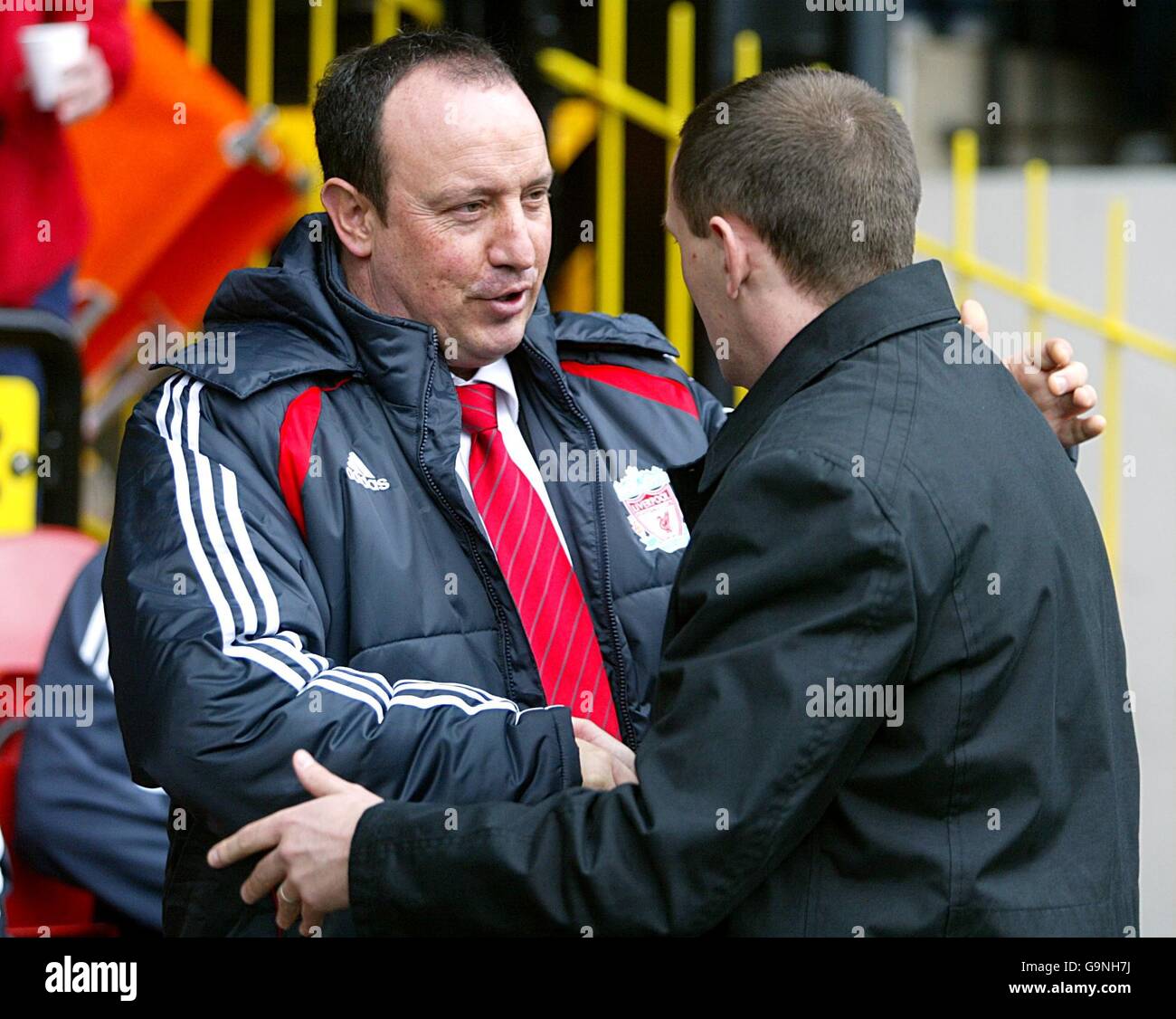 Liverpool manager Rafael Benitez is greeted by Watford manager Adrian ...