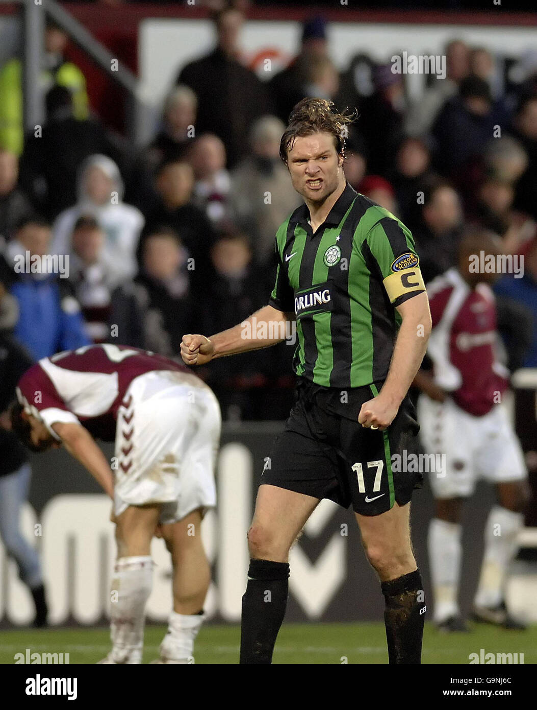Celtic captain Steven Pressley celebrates their 2-1 victory over Hearts ...