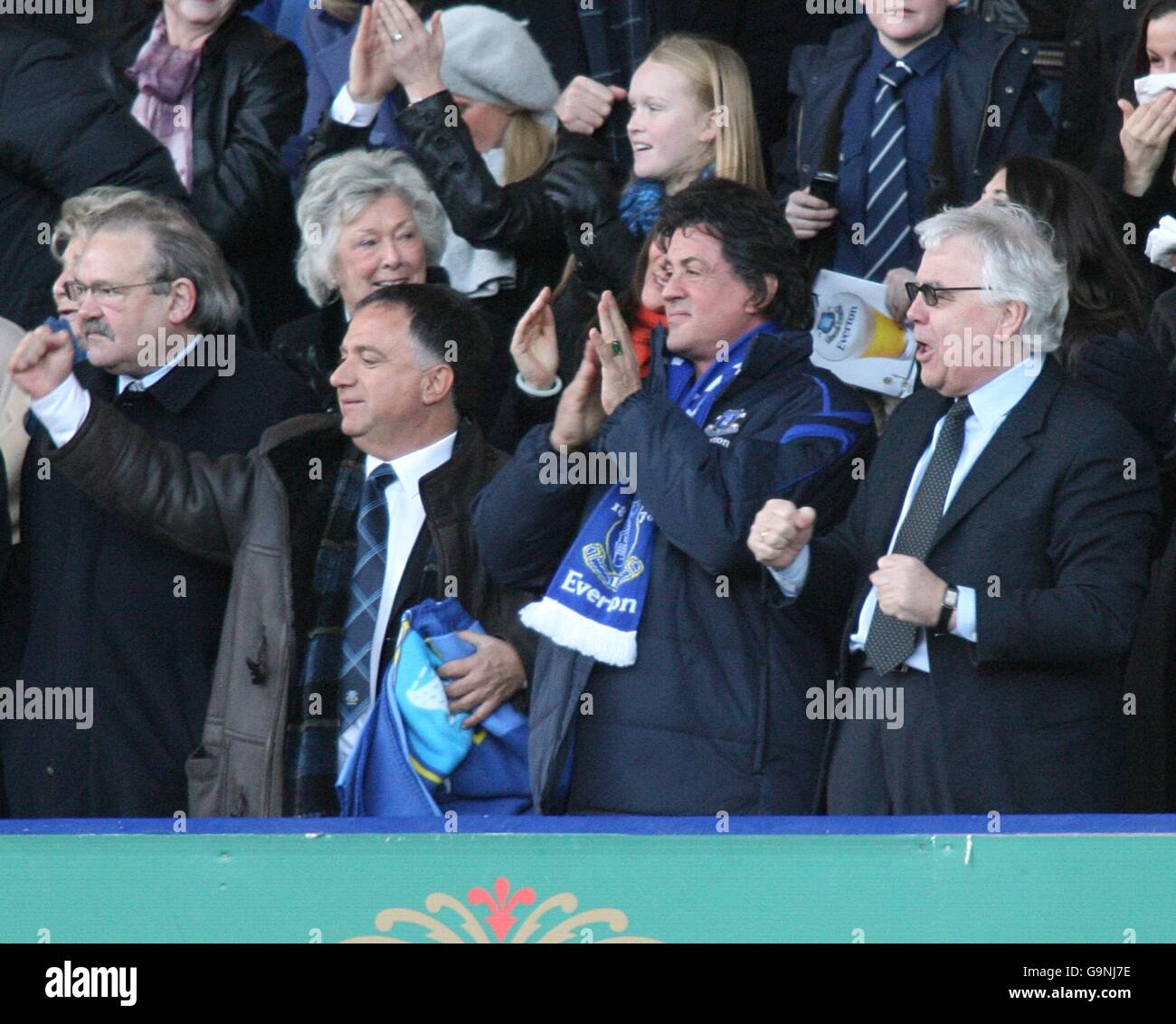 Actor sylvester stallone celebrates the everton equaliser in the stands ...