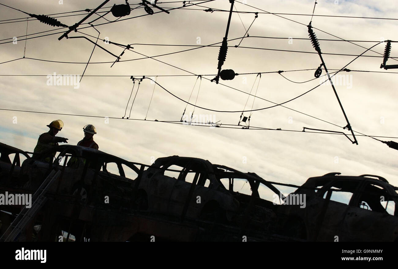 New cars destroyed in freight train fire Stock Photo - Alamy