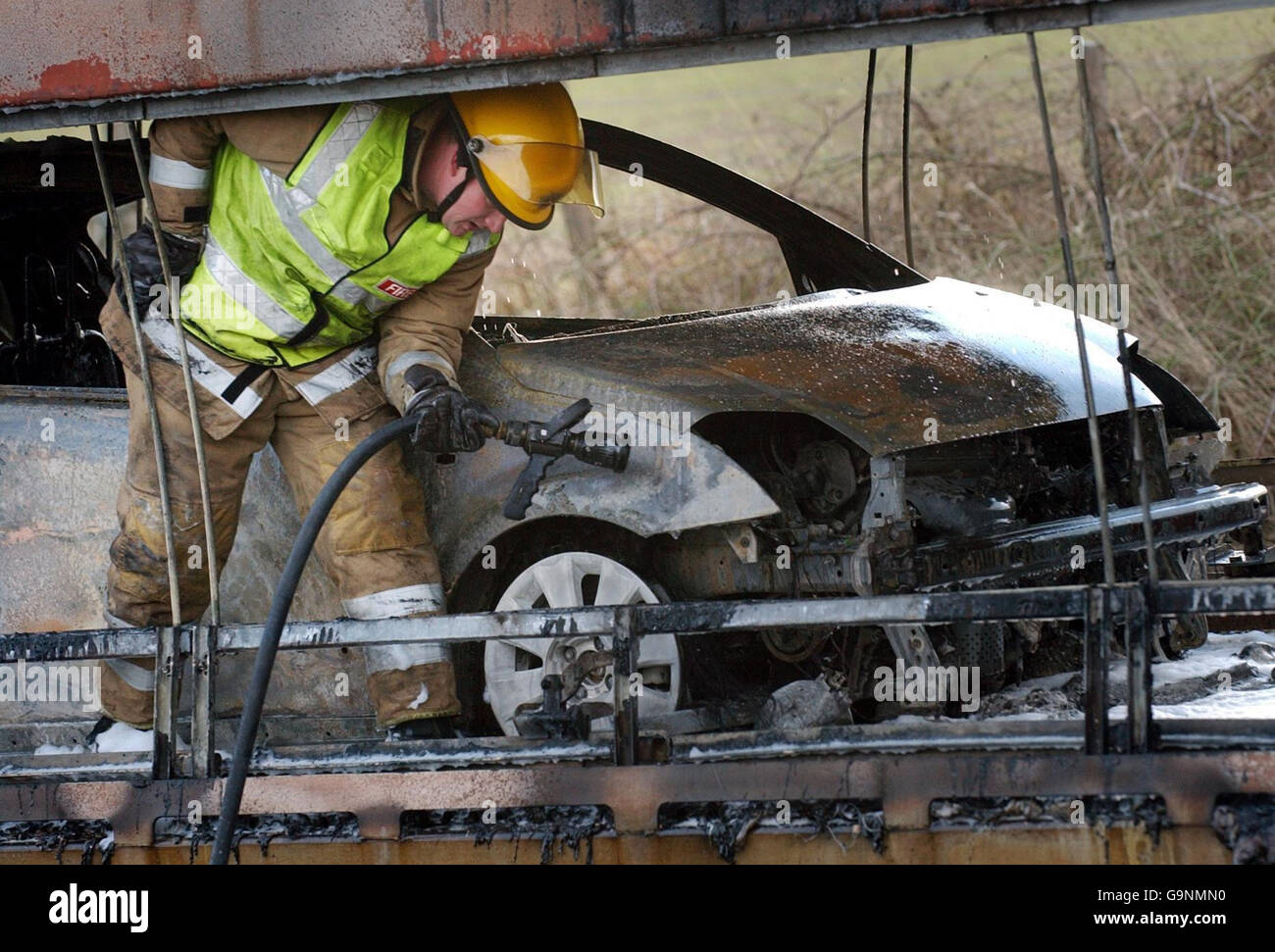 New cars destroyed in freight train fire Stock Photo - Alamy