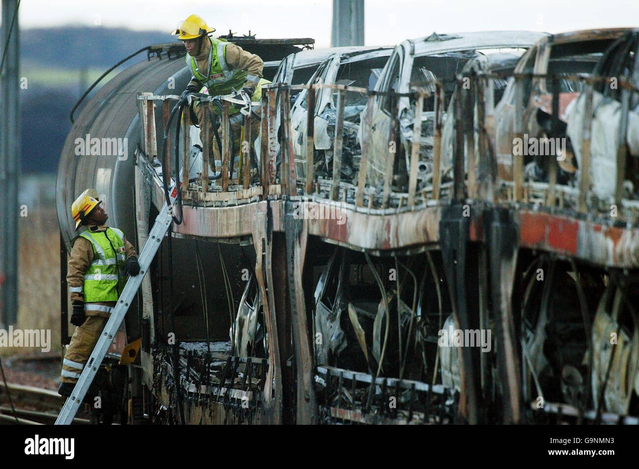 New cars destroyed in freight train fire Stock Photo - Alamy