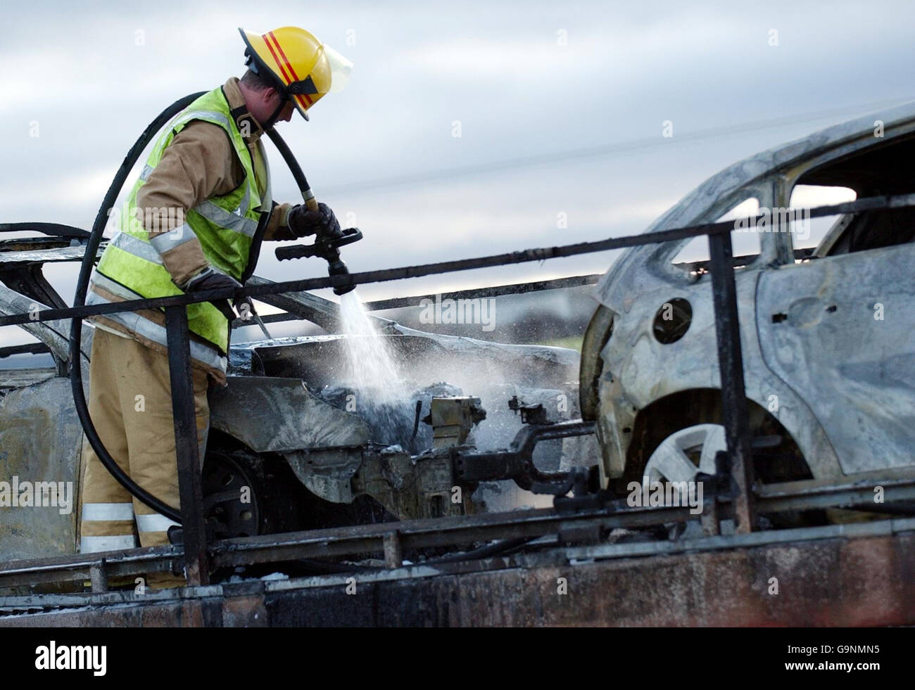 New cars destroyed in freight train fire Stock Photo - Alamy