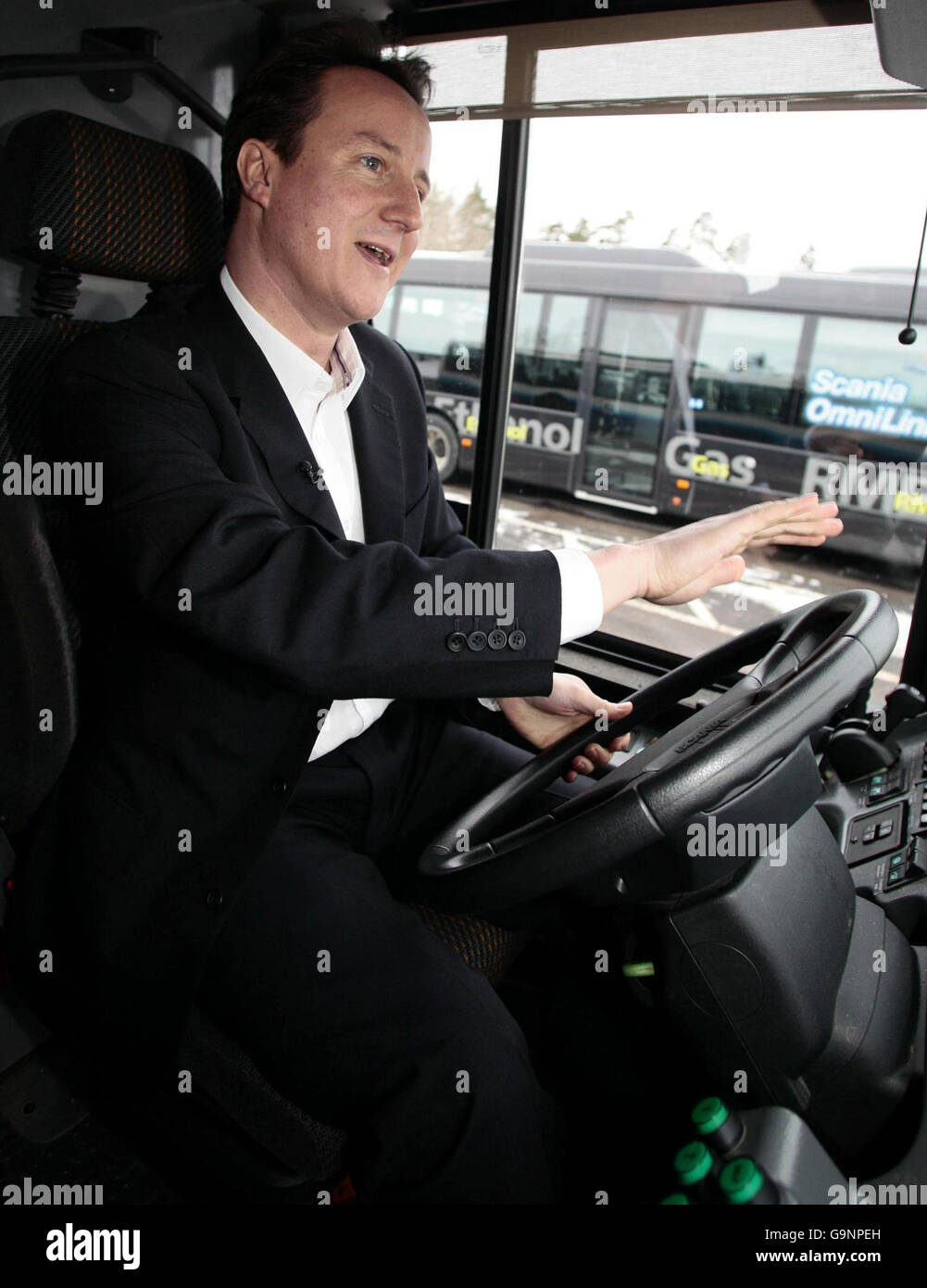 Leader of the Conservative Party David Cameron test-drives a new Scania ...