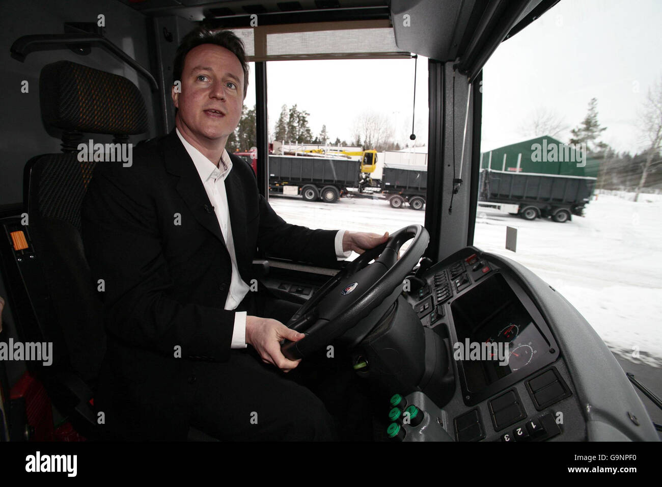 Leader of the Conservative Party David Cameron test-drives a new Scania ...