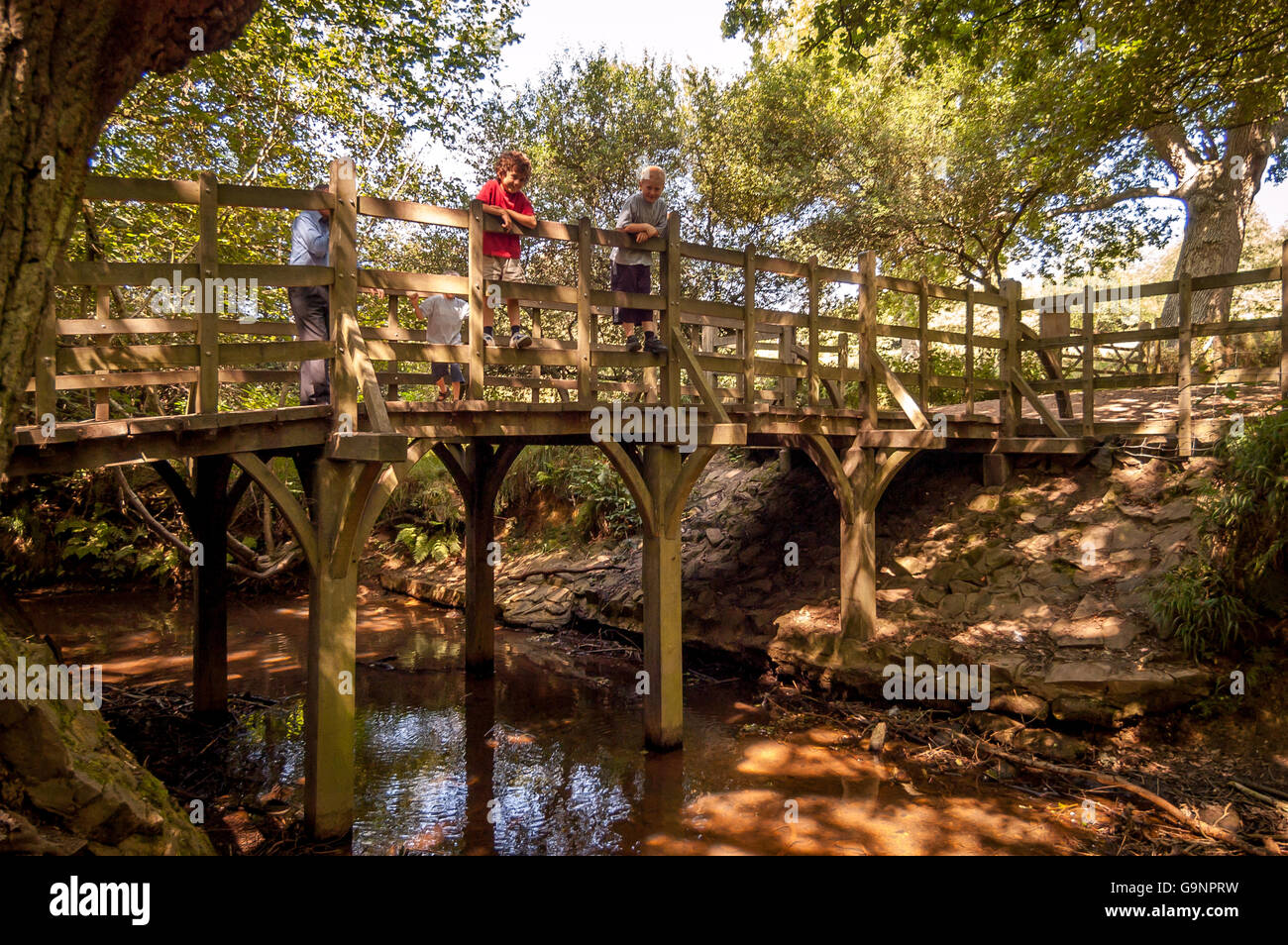 Children playing Pooh Sticks on Pooh Bridge in Ashdown Forest Stock ...