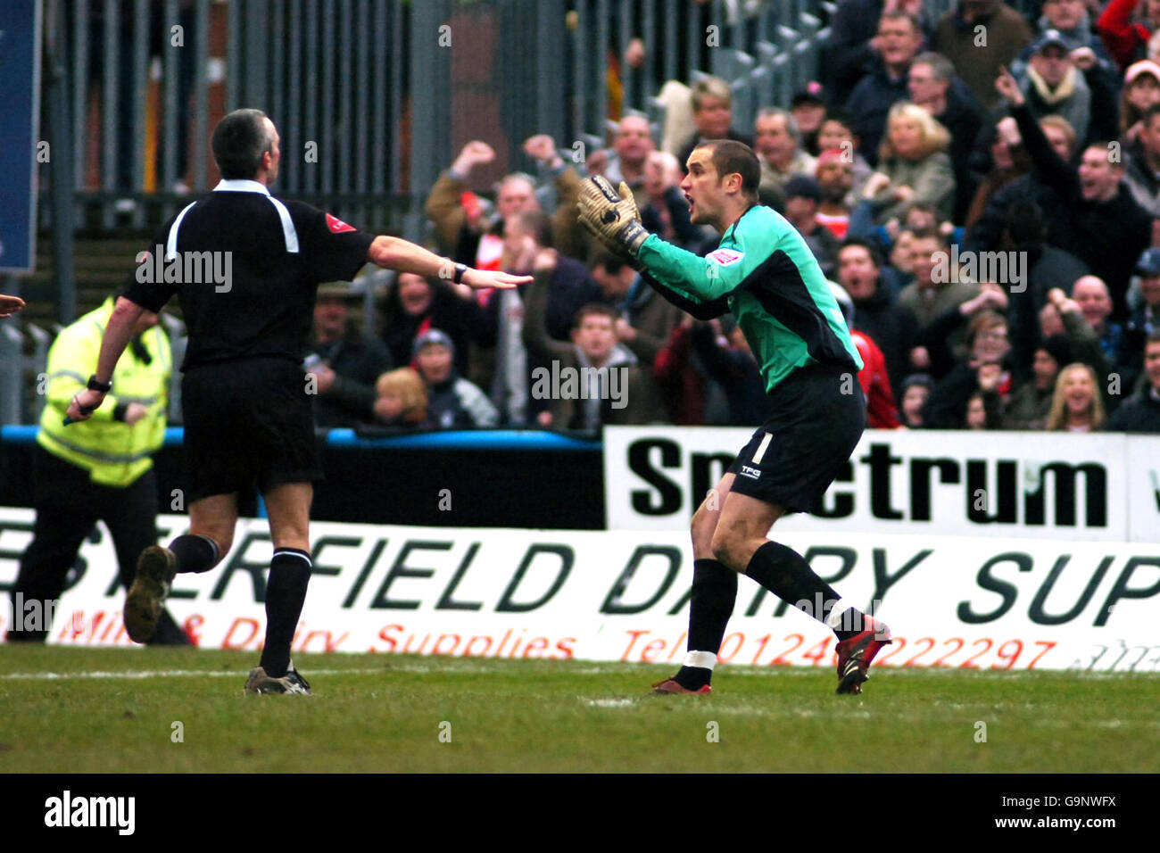 Chesterfield's goalkeeper Barry Roche is upset with the referee for ...