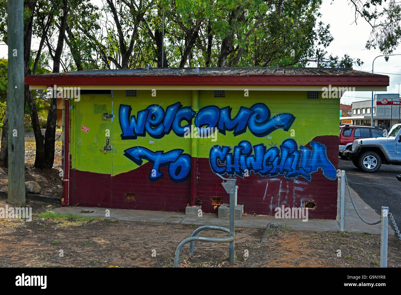 welcome to chinchilla sign on the side of a public toilet block at ...