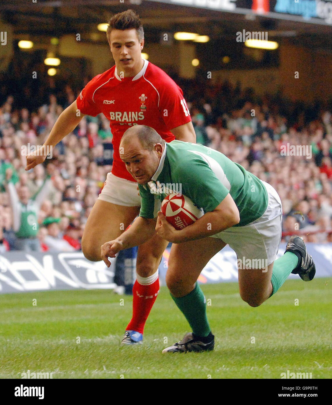Ireland's Rory Best dives over to score a try against Wales during the ...
