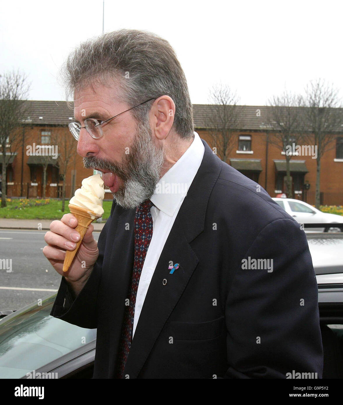 STANDALONE Photo. Sinn Fein Leader Gerry Adams enjoys an ice cream cone ...
