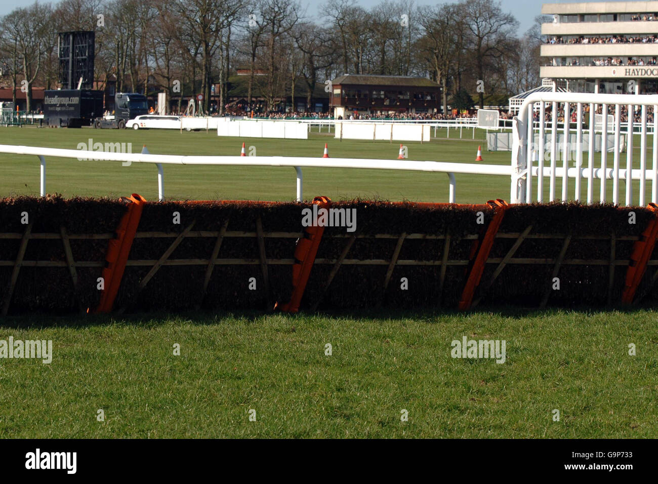 Horse Racing - Stock. General view of a fence at Haydock racecourse ...