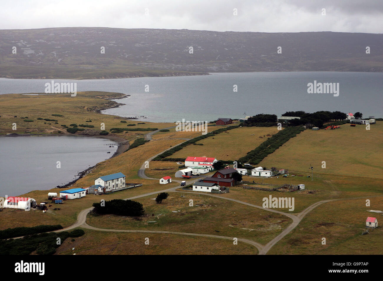 Falkland Islands Feature. An aerial view of San Carlos, Falkland ...