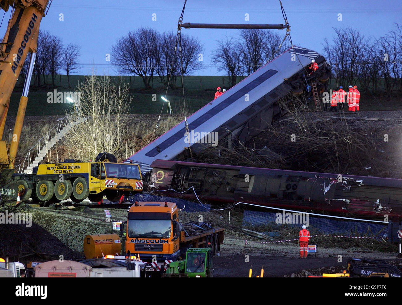 Virgin train crash. A Crane prepares to lift the part of the Virgin ...
