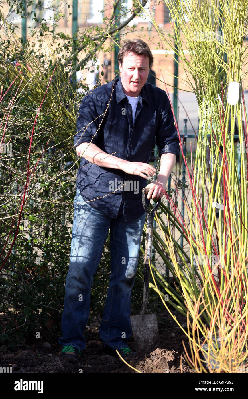 Leader of the Conservative Party David Cameron plants trees in Queens ...