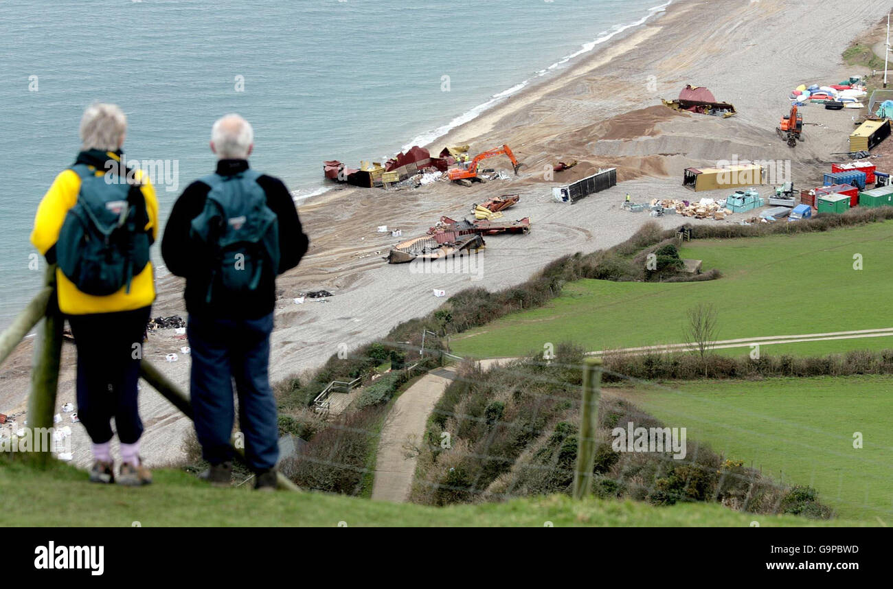 The clean-up operation continues on Branscombe beach as the grounded ...
