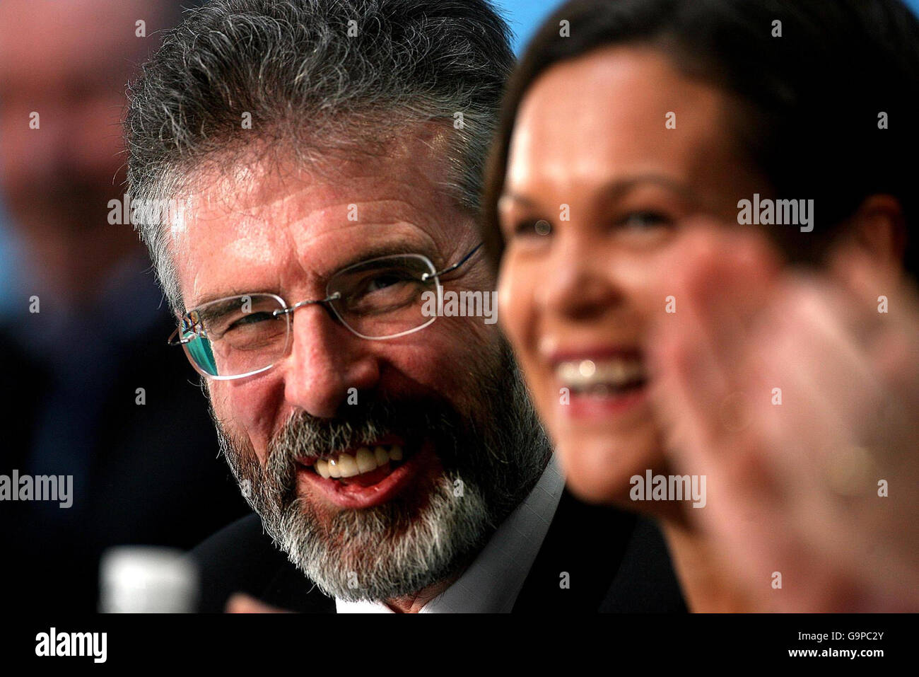 Sinn Fein Leader Gerry Adams and Mary Lou McDonald (right) enjoy a joke ...