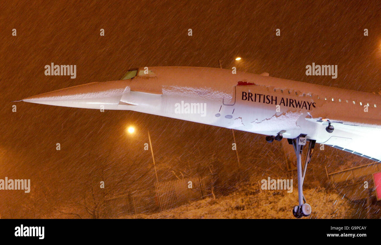 The model concorde covered in snow main entrance heathrow airport hi ...