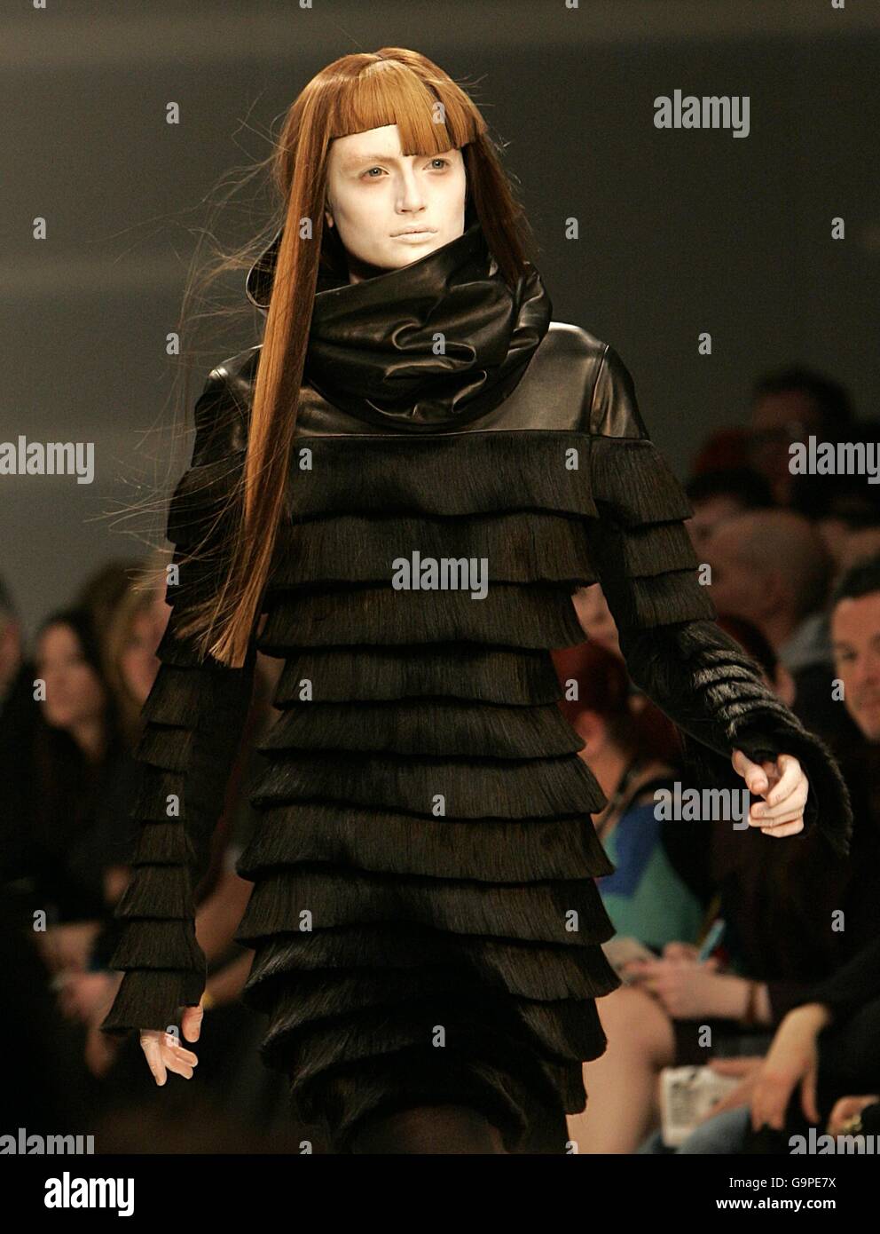 A model wearing a creation by Gareth Pugh at the BFC Tent, London Stock ...