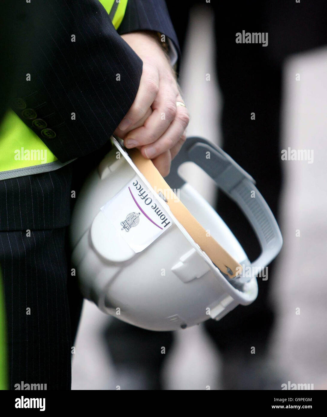 A close up of a Home Office hard hat, during the Home Secretary John ...