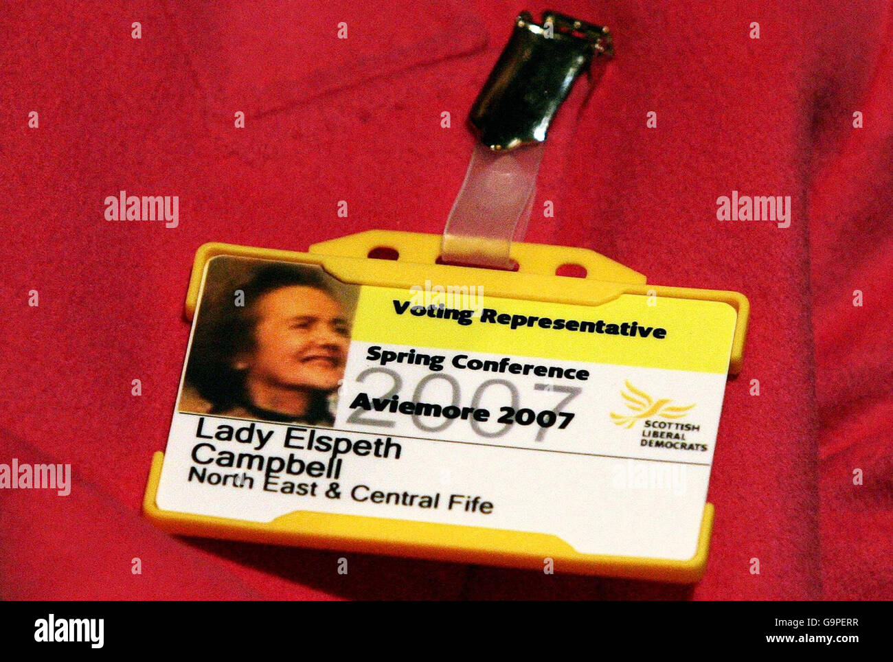 A close up of Lady Elspeth Campbell's party badge, whilst her husband ...