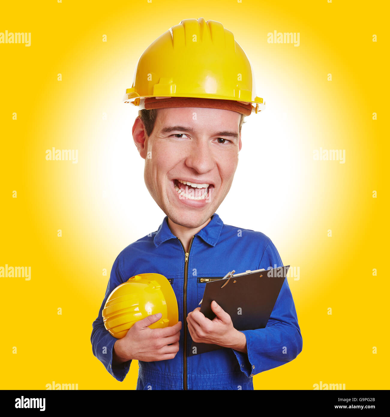 Funny construction worker with big head and safety helmet Stock Photo ...