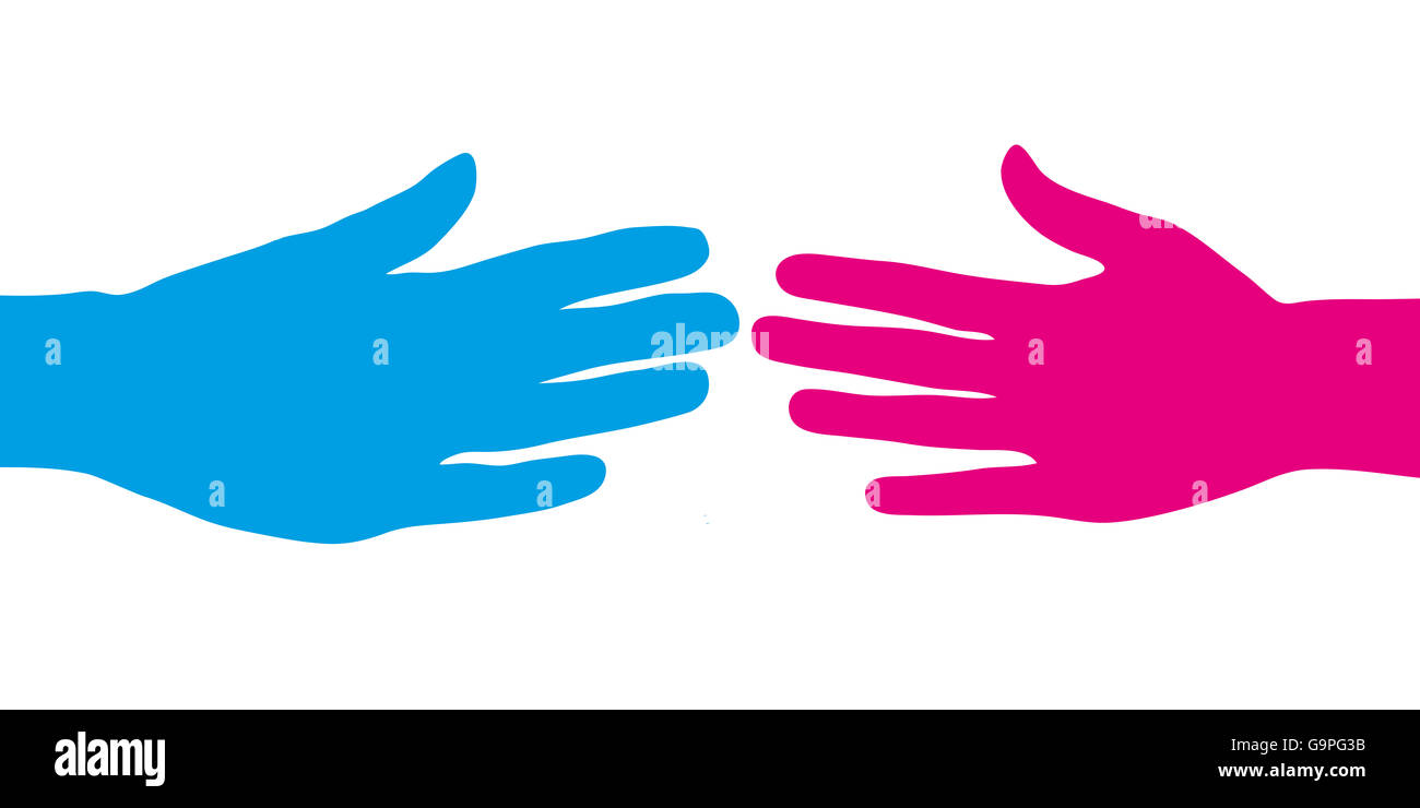 Abstract blue and pink human hand giving handshake Stock Photo - Alamy