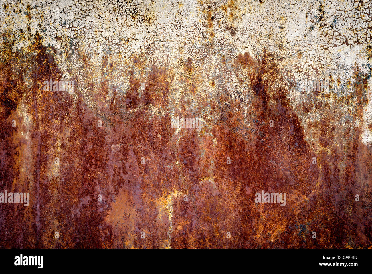 Very old dark orange rust stains on an aged metal surface. The patterns ...