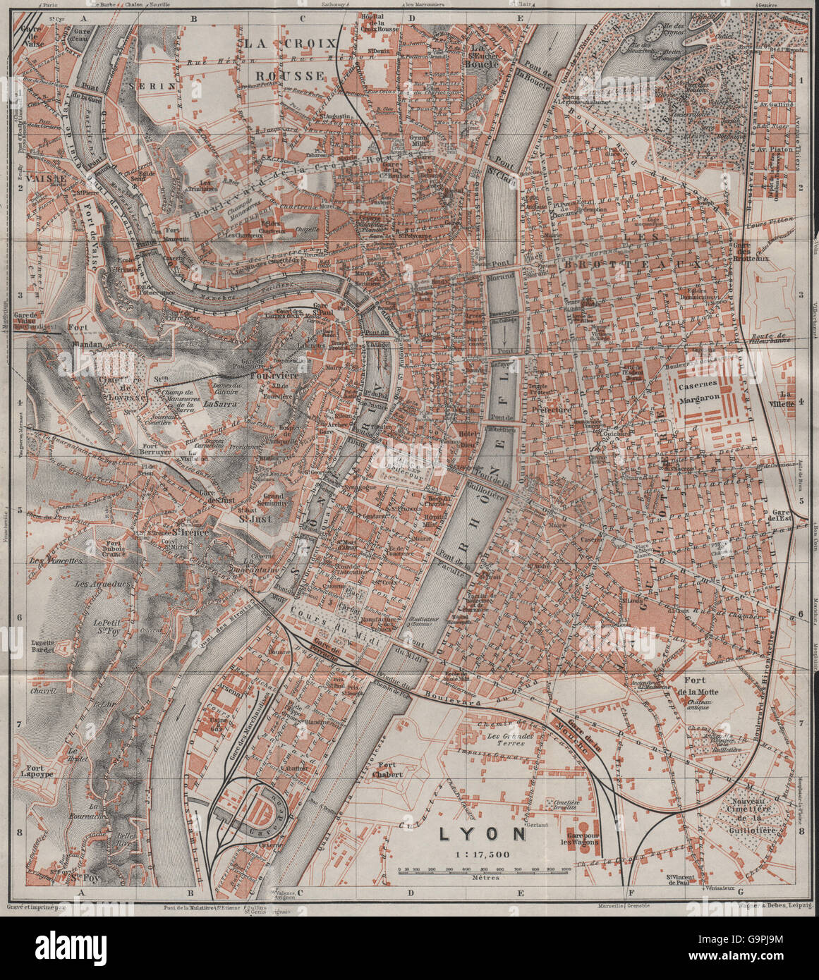 LYONS LYON antique town city plan de la ville. Rhône carte. BAEDEKER ...