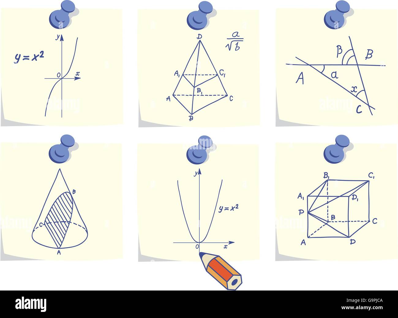 Mathematics and geometry icons, sketches and formulas on yellow memo ...