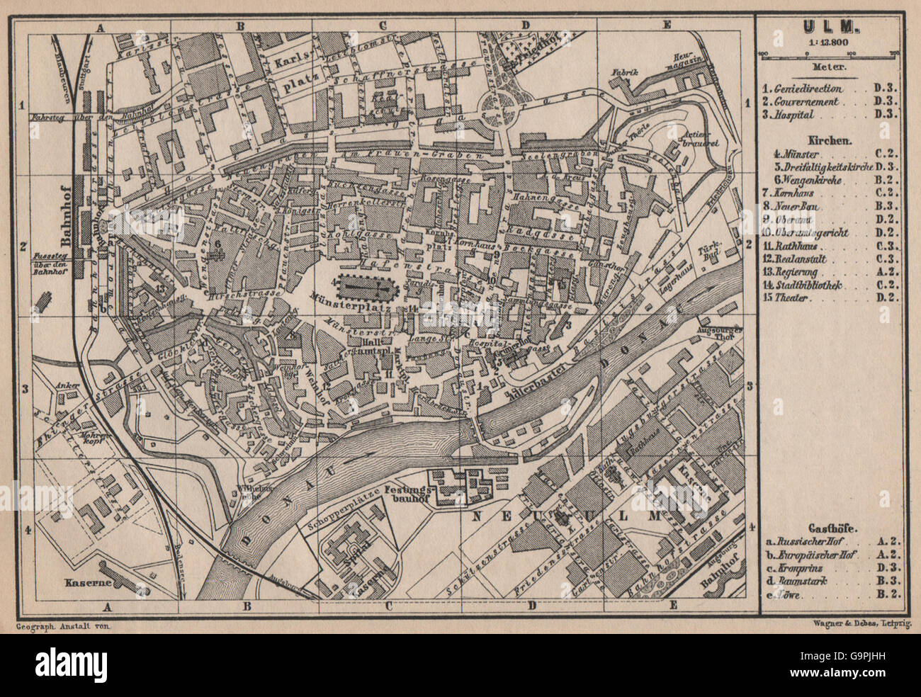 ULM antique town city stadtplan. Baden-Württemberg karte. BAEDEKER ...